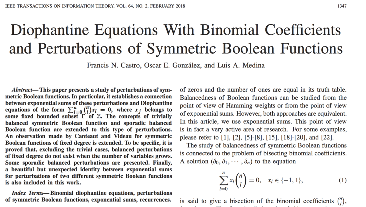 Diophantine Equations With Binomial Coefficients And Perturbations Of Symmetric Boolean